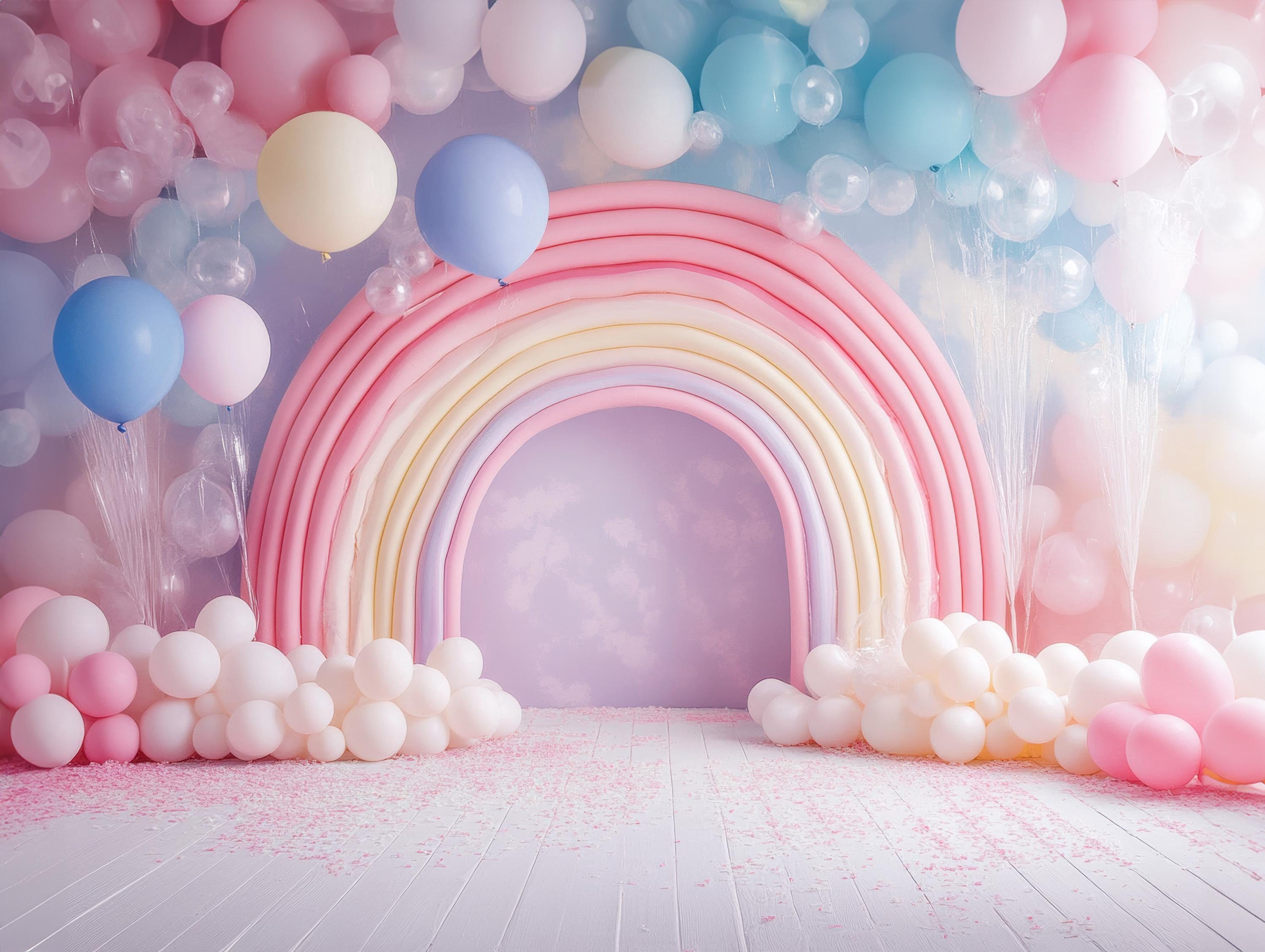 3 Pastel Balloon and Rainbow Digital Backdrops, Cake Smash Overlay ...