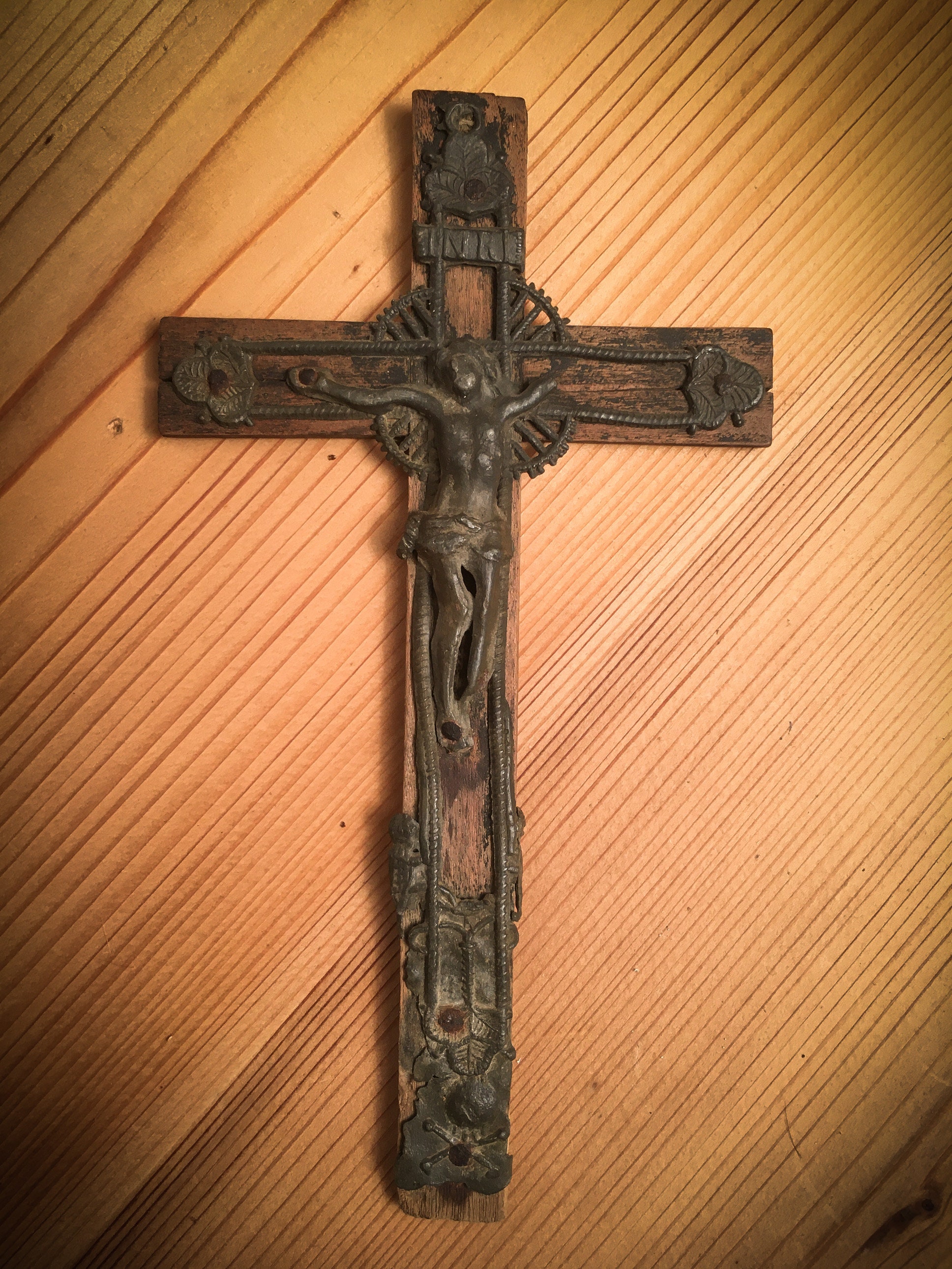 Mysterious Metal Crucifix on Wooden Cross, With Leaf, Owl, Skull and ...