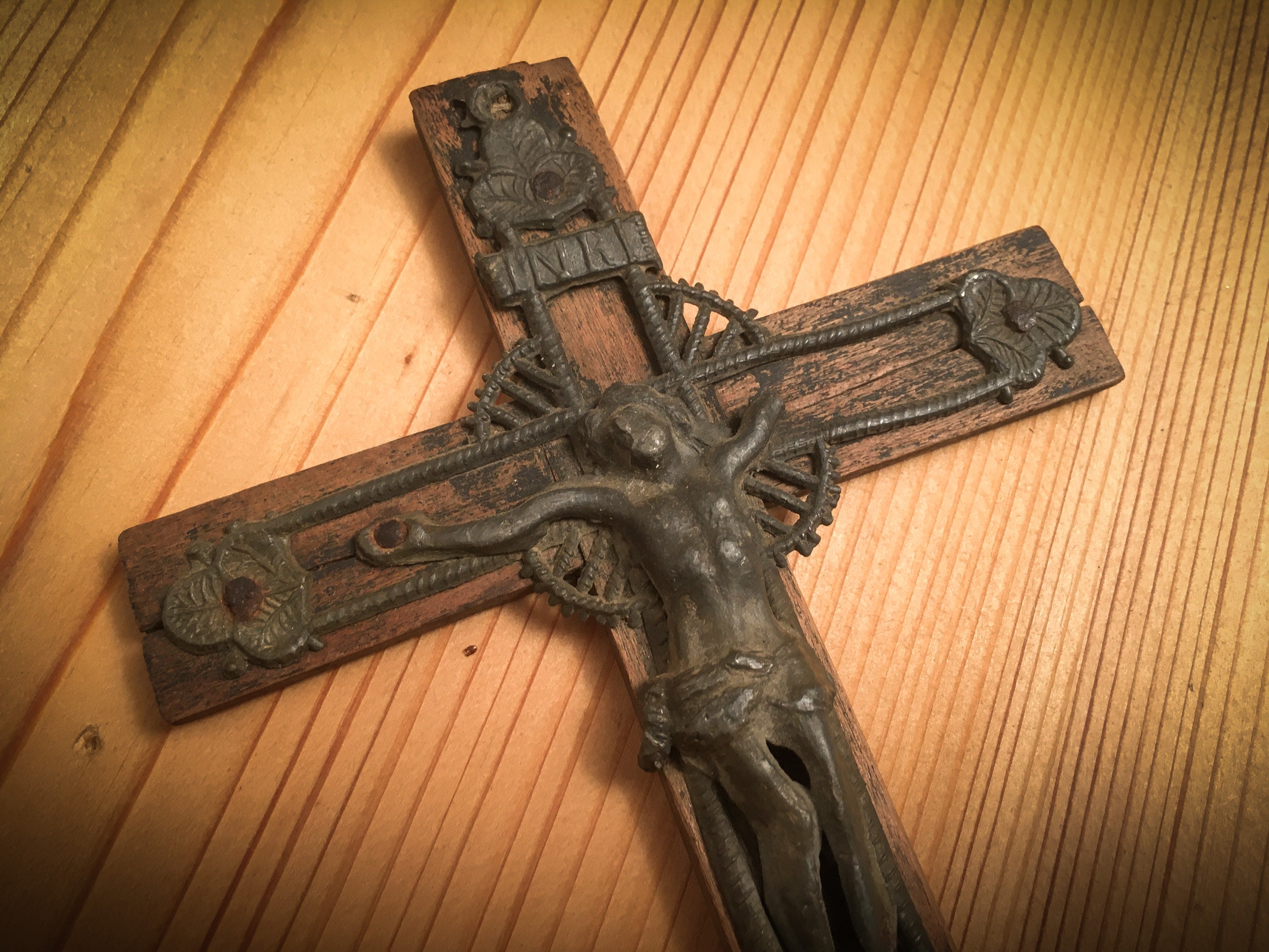 Mysterious Metal Crucifix on Wooden Cross, With Leaf, Owl, Skull and ...