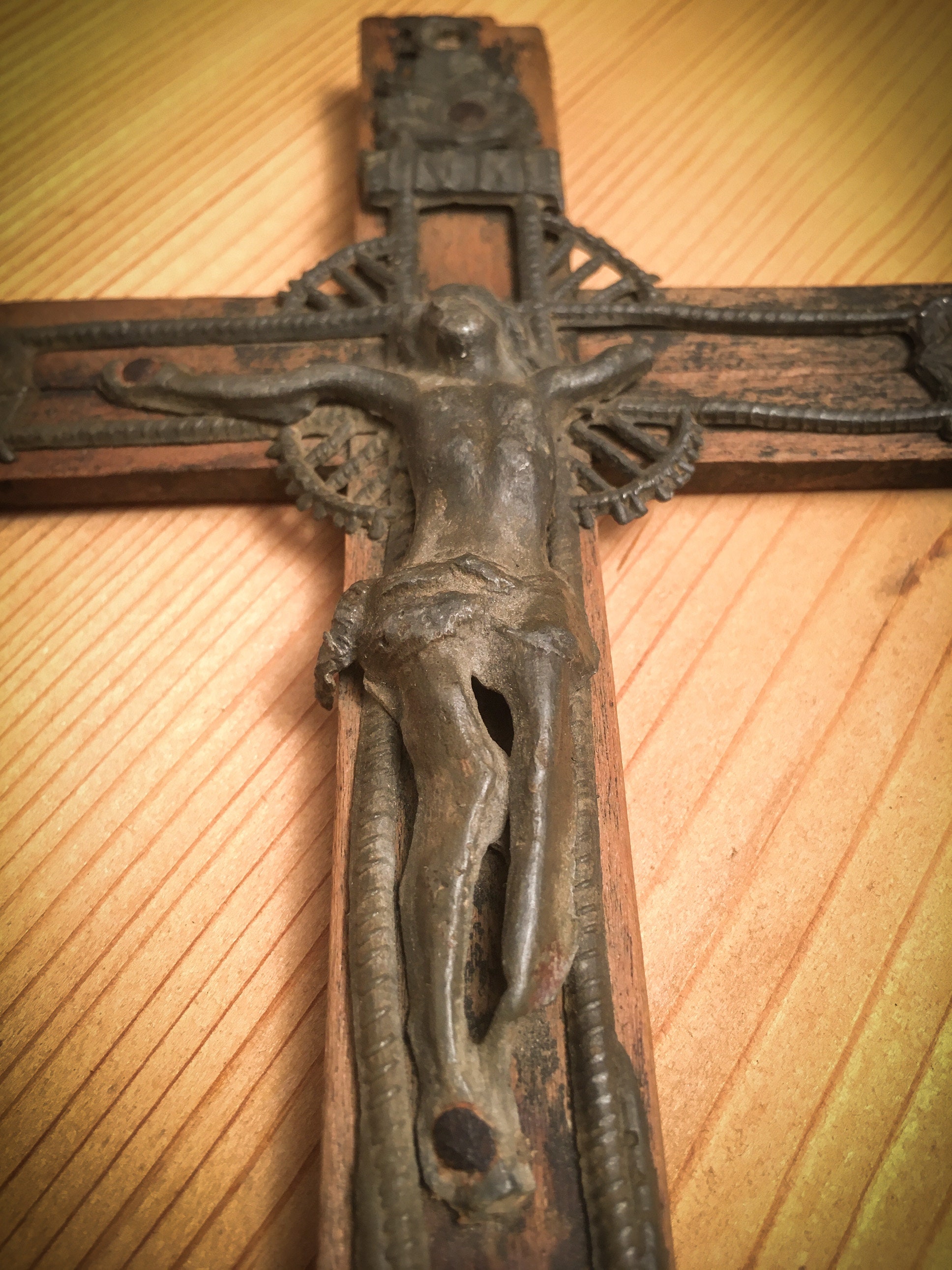 Mysterious Metal Crucifix on Wooden Cross, With Leaf, Owl, Skull and ...
