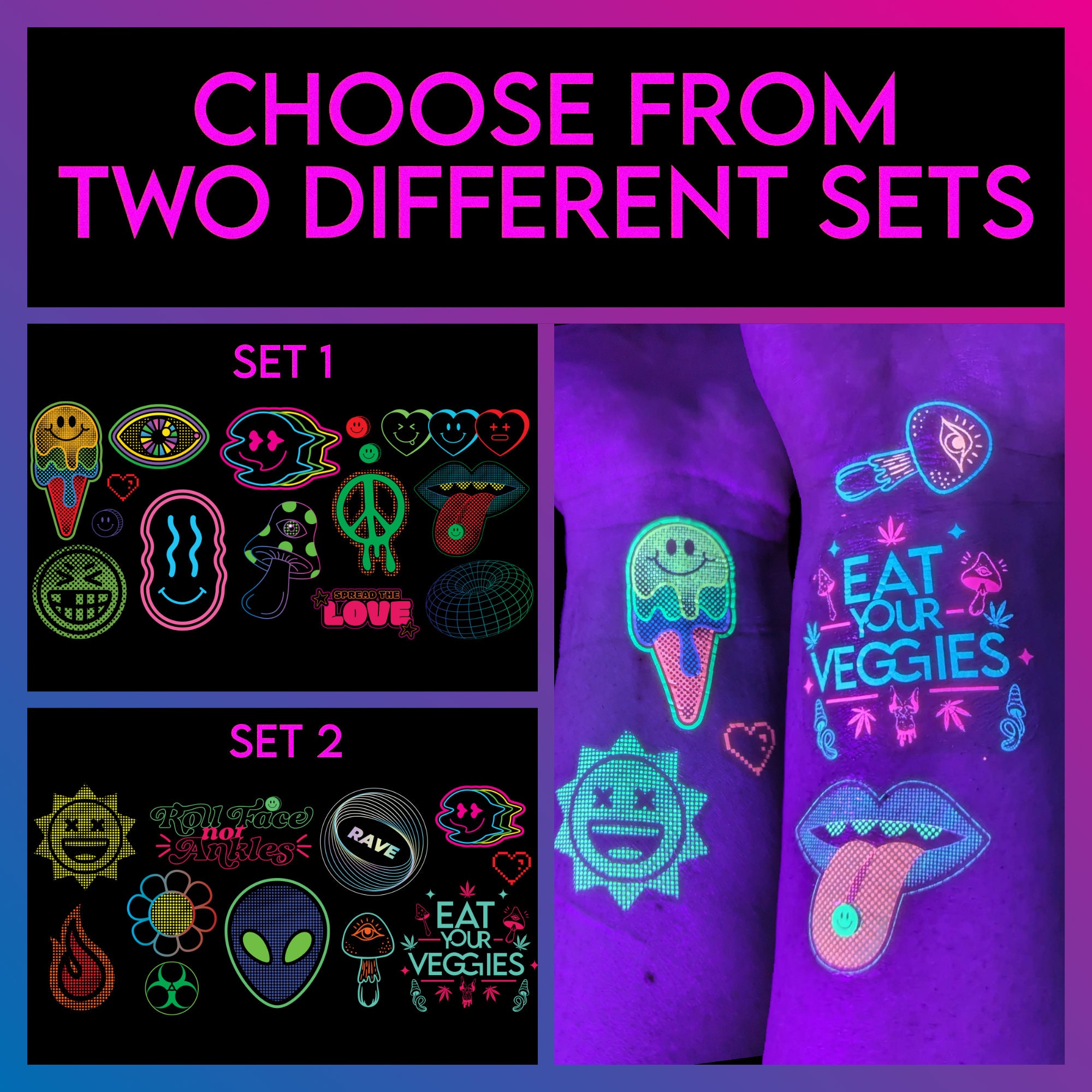 UV Schwarzlicht Reaktiv Glow in the Dark Party Tattoos Rave Tattoos ...