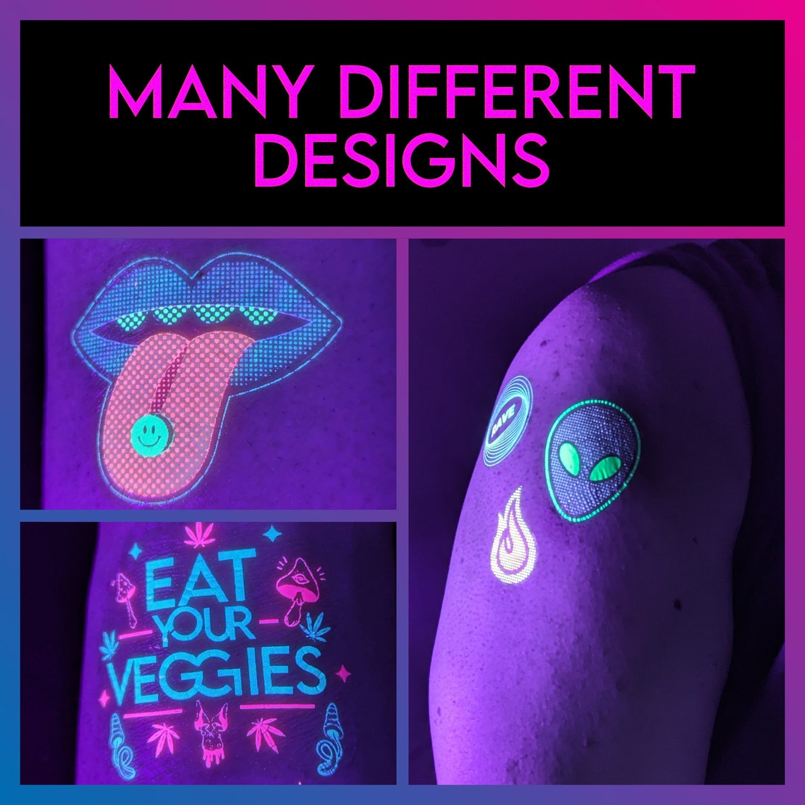 UV Schwarzlicht Reaktiv Glow in the Dark Party Tattoos Rave Tattoos ...