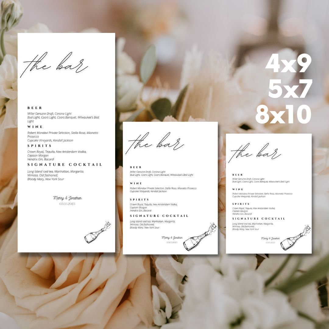 Wedding Bar Menu Template, Fully Custom Menu Cards 5x7, 4x9, 8x10 ...