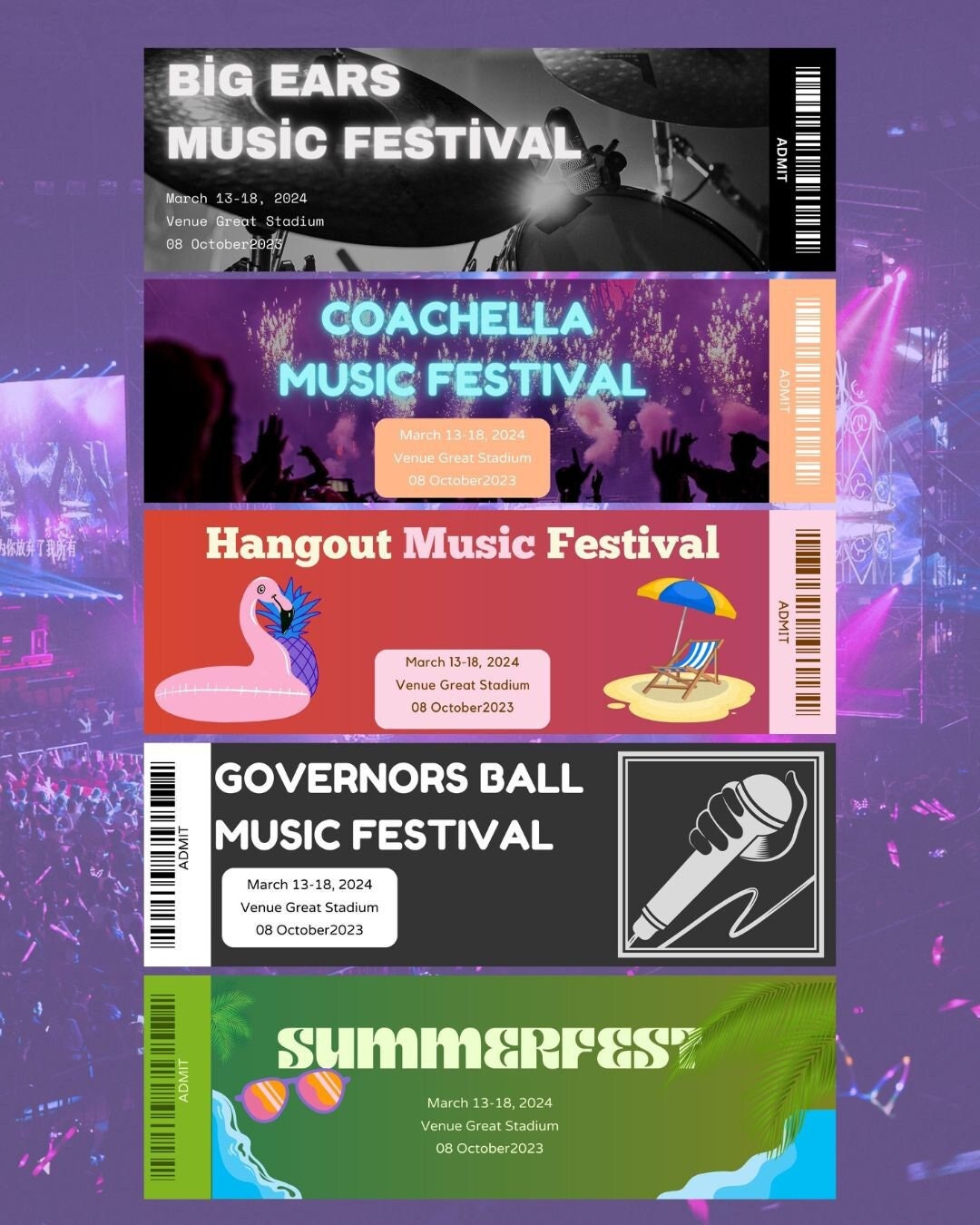 Printable Music Festival Ticket Template Customizable Gift Idea - Etsy