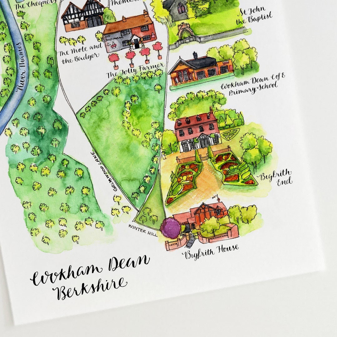 Cookham Dean, Berkshire Watercolour Map Illustration, England Gift ...