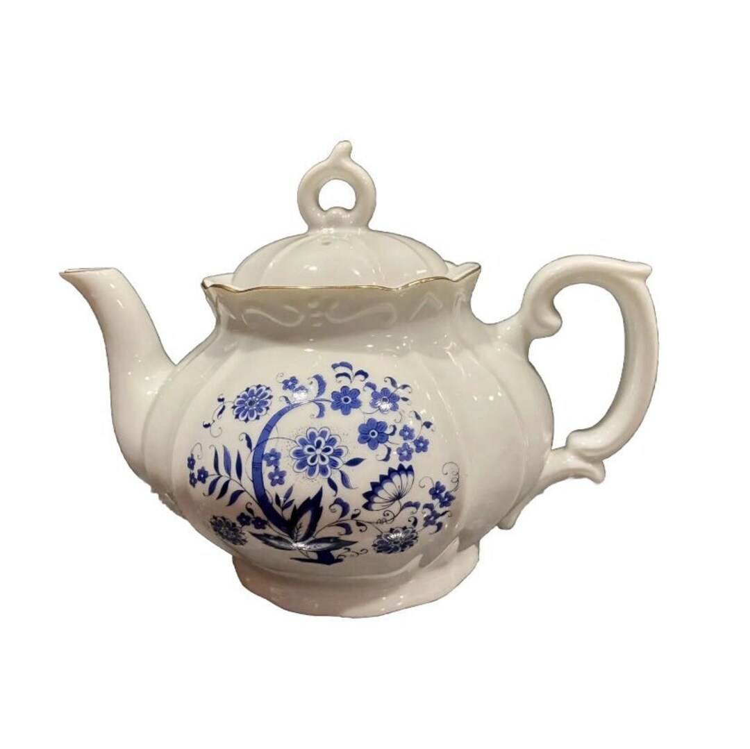 Vintage Meissen Style Blue Onion Teapot W Lid Swirl White & Blue ...