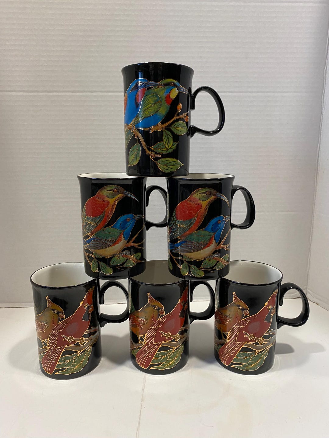 Vintage Dunoon Stoneware Mugs Set of 6 Colorful Tropical Bird Pattern ...