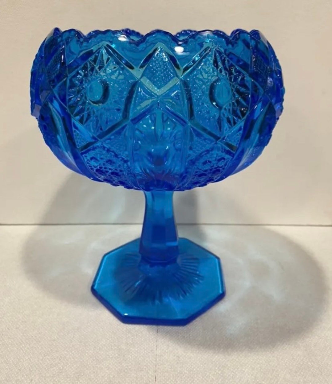 Kemple Mckee Compote Star-cane Quintec, Sapphire Peacock Blue Glass ...