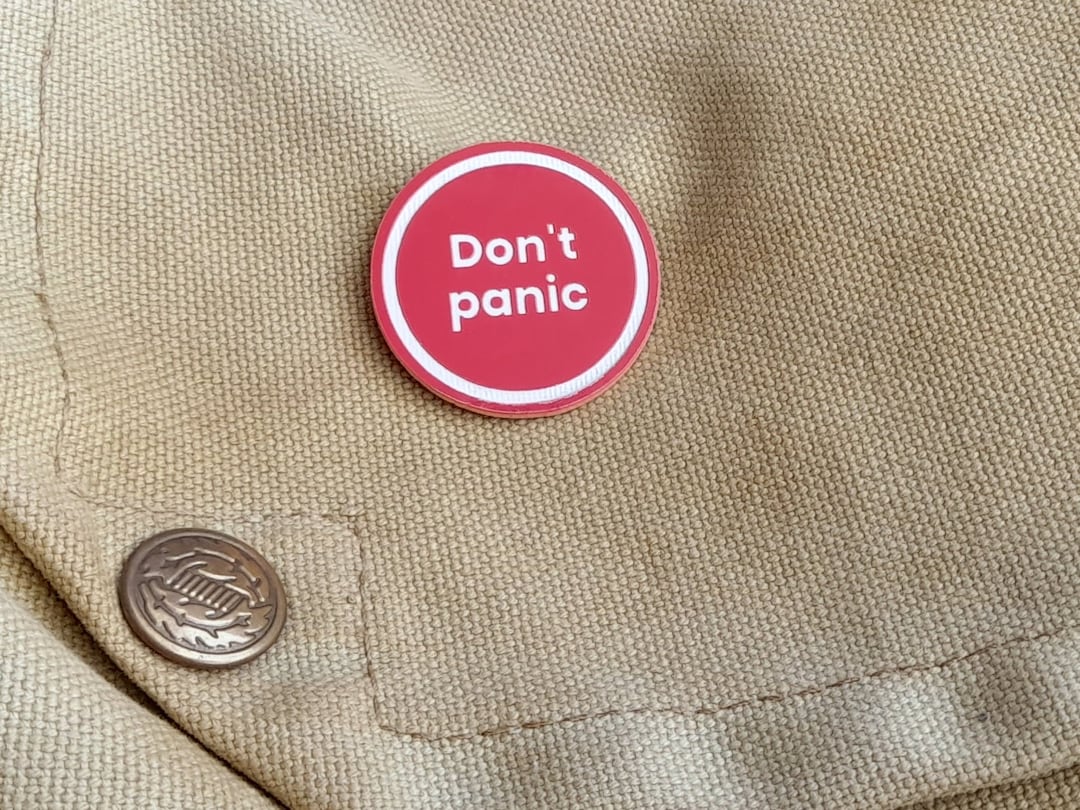 Hitchhiker's Guide Pin Badge, Don't Panic, Coloured Acrylic or Wood ...