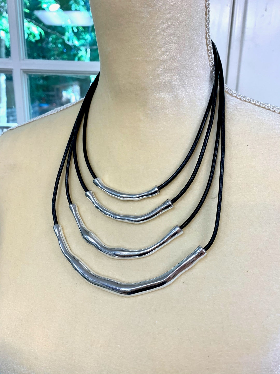 Ethnic Bib Necklace, Chunky Silver Metal, Black Leather Cord - Etsy
