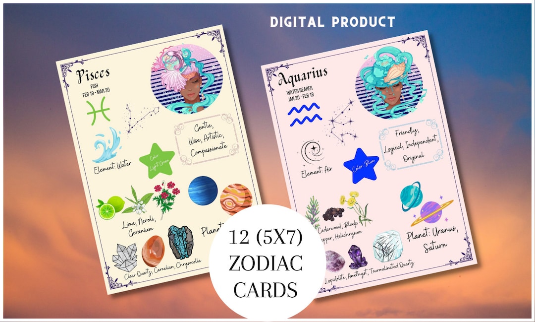 Zodiac Sign, Zodiac Printable Cards - 12 Horoscope Art Cards, Astrology ...