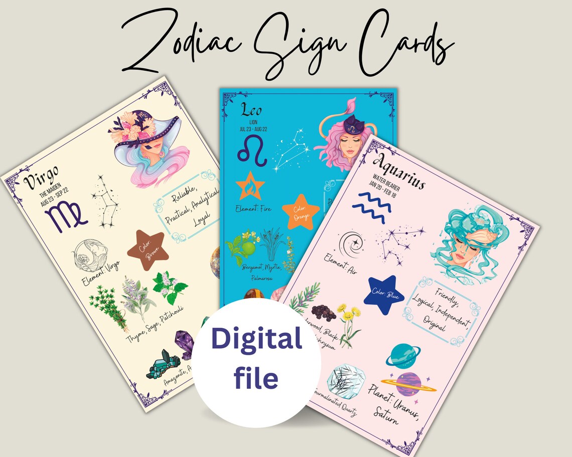 Zodiac Sign, Zodiac Printable Cards - 12 Horoscope Art Cards, Astrology ...