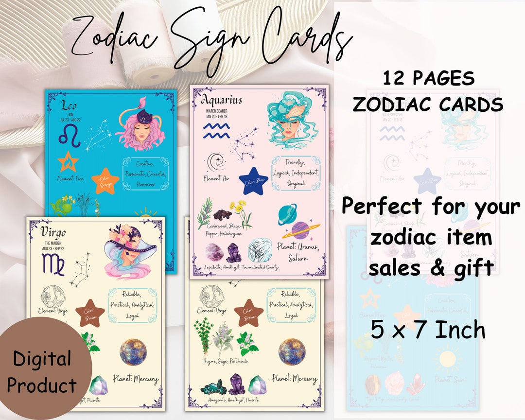 Zodiac Sign, Zodiac Printable Cards 12 Horoscope Art Cards, Astrology ...