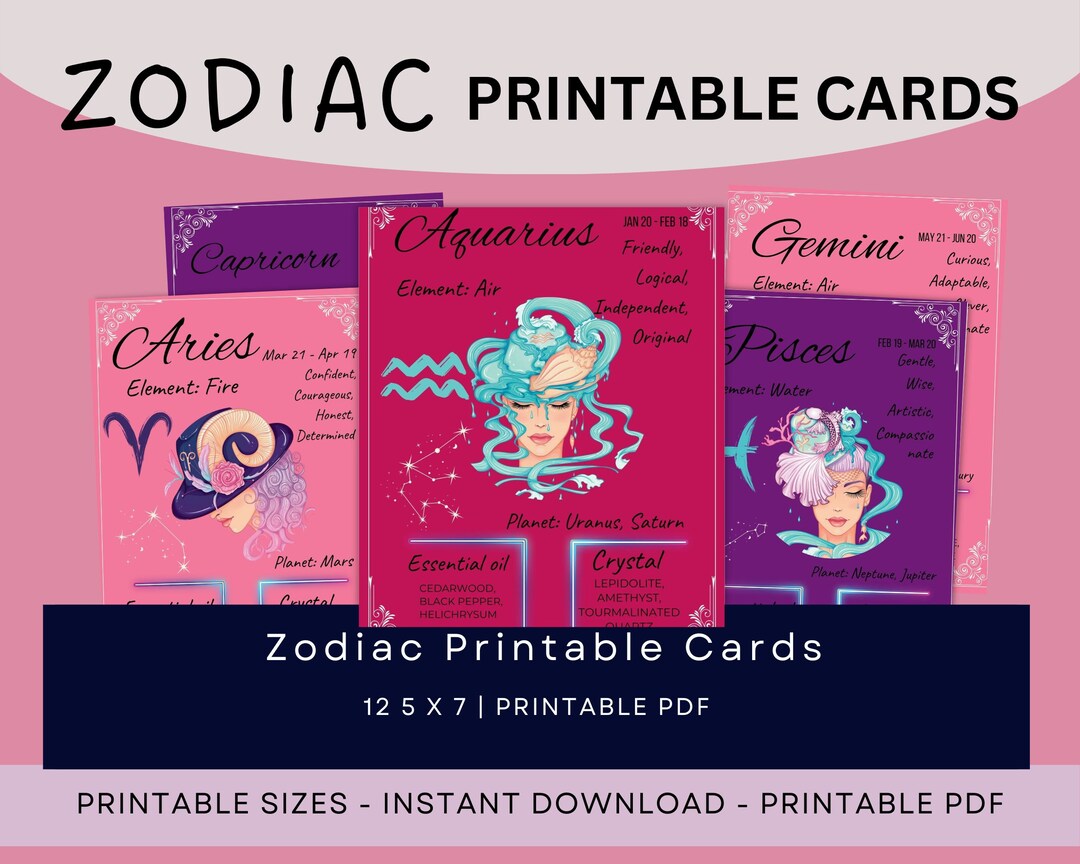 Zodiac Sign, Zodiac Printable Cards - 12 Horoscope Art Cards, Astrology ...