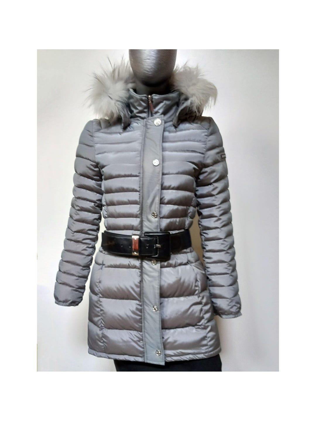 Long Grey Down Jacket in Real Goose Down With Detachable Fur Hood and ...