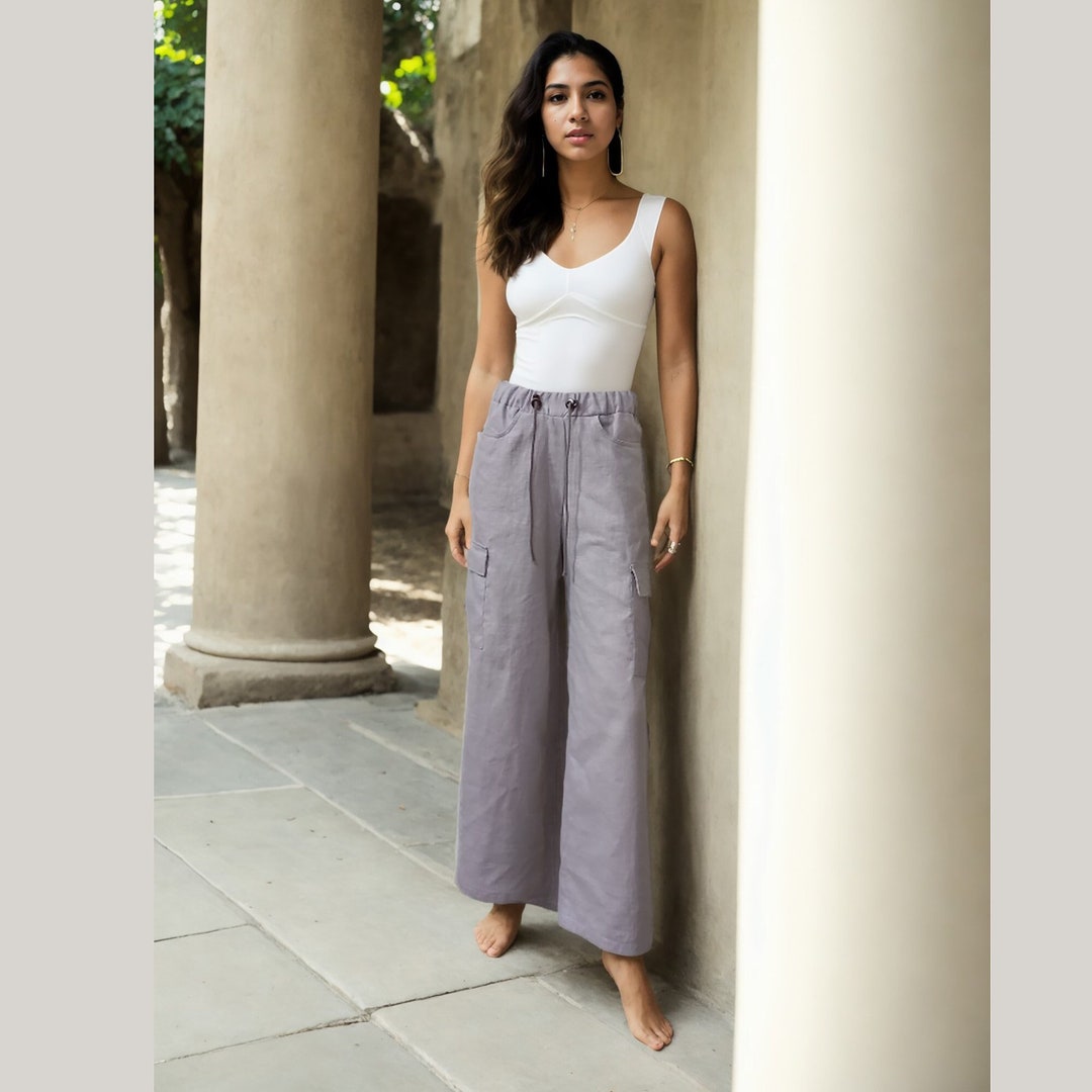 High Waist Linen Pants, Cargo Trousers With Elastic Waistband, Pants ...