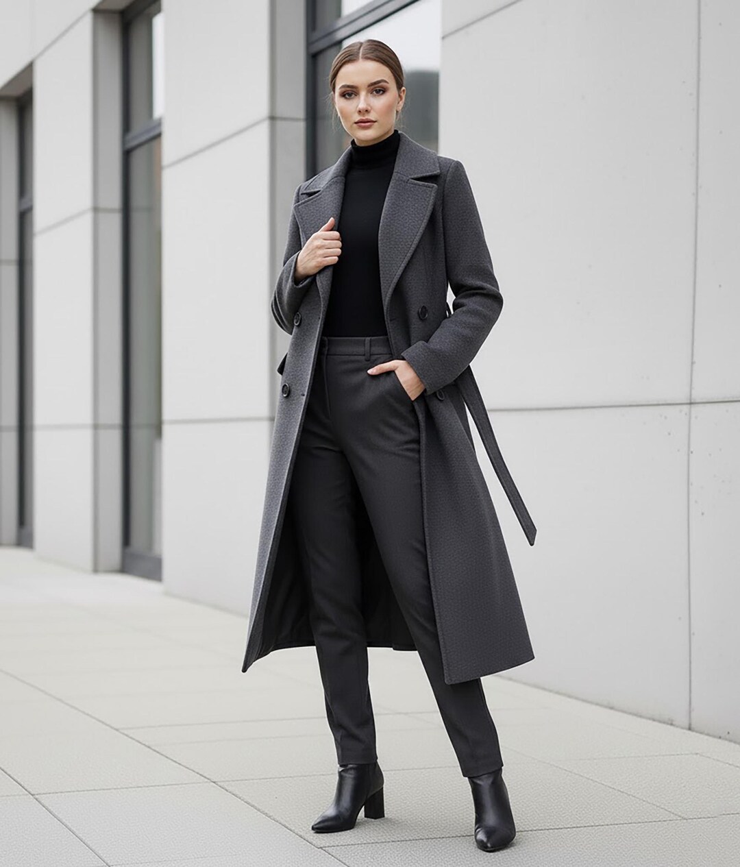 Tapered Wool Coat, Fitted Grey Overcoat With Belt - Etsy
