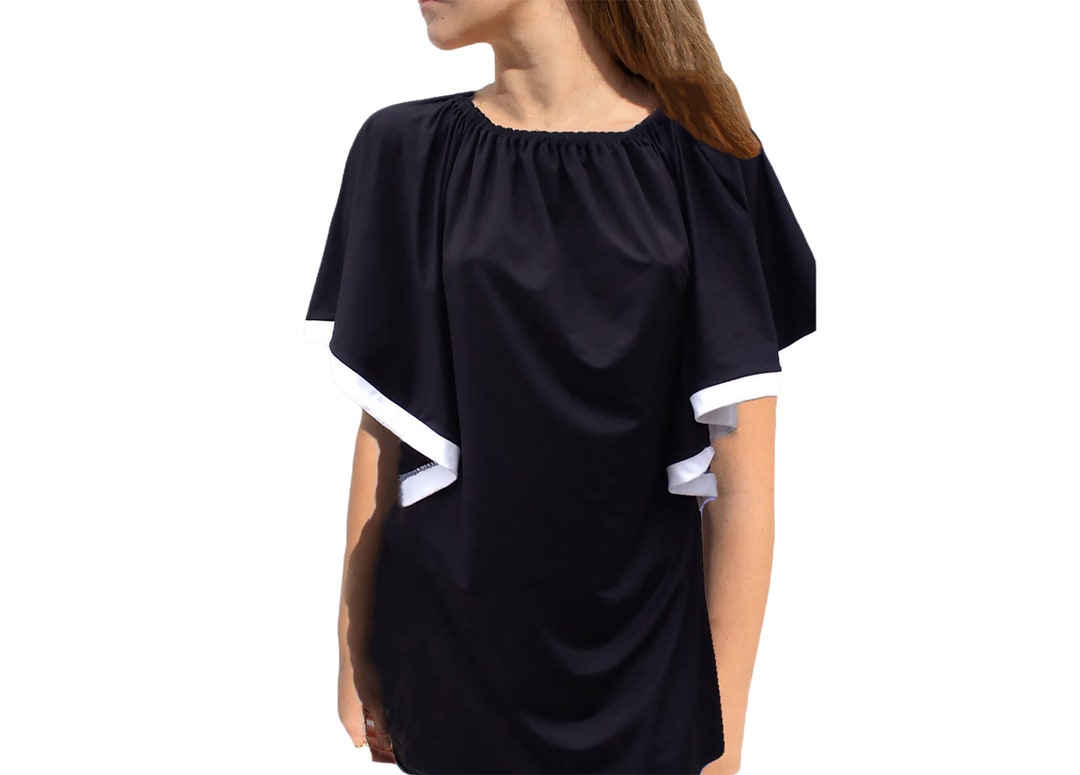 Elegant Black Top With White Trim, Custom-made Plus Size Women's T ...