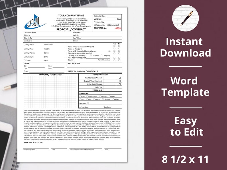 Fence Proposal ︱ Contract︱ Template ︱ Estimate︱construction - Etsy