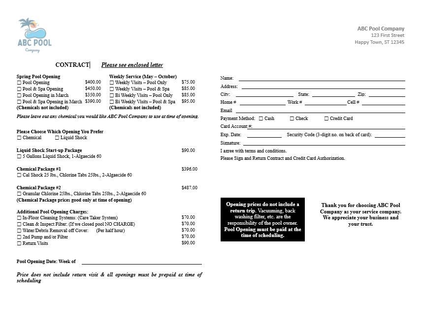 Pool Contract Packet ︱ Service Contract ︱ New Customer ︱credit Card ...
