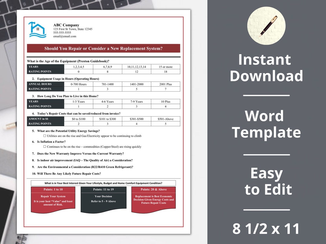 Repair or Replace HVAC Template ︱ Edit in Word ︱ Instant Download ...