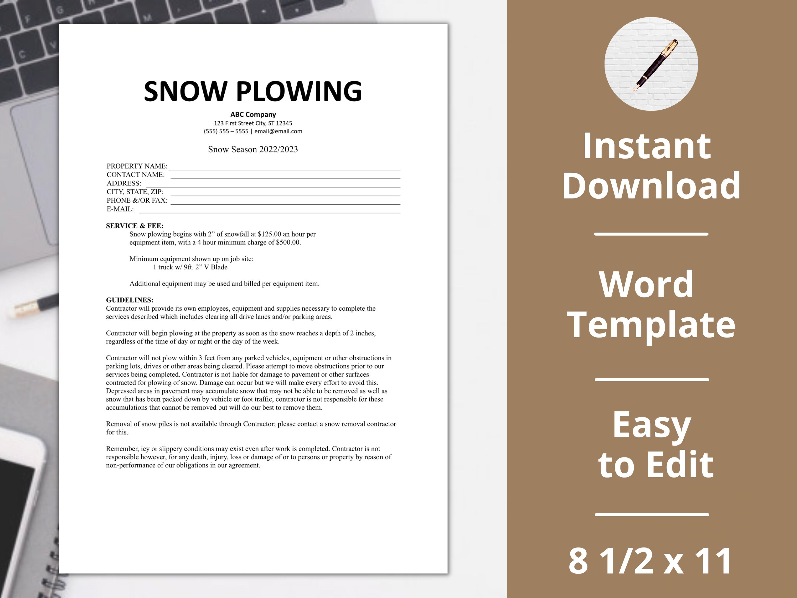 Snow Removal ︱ Snow Plowing Agreement ︱ Template ︱seasonal Snow ...