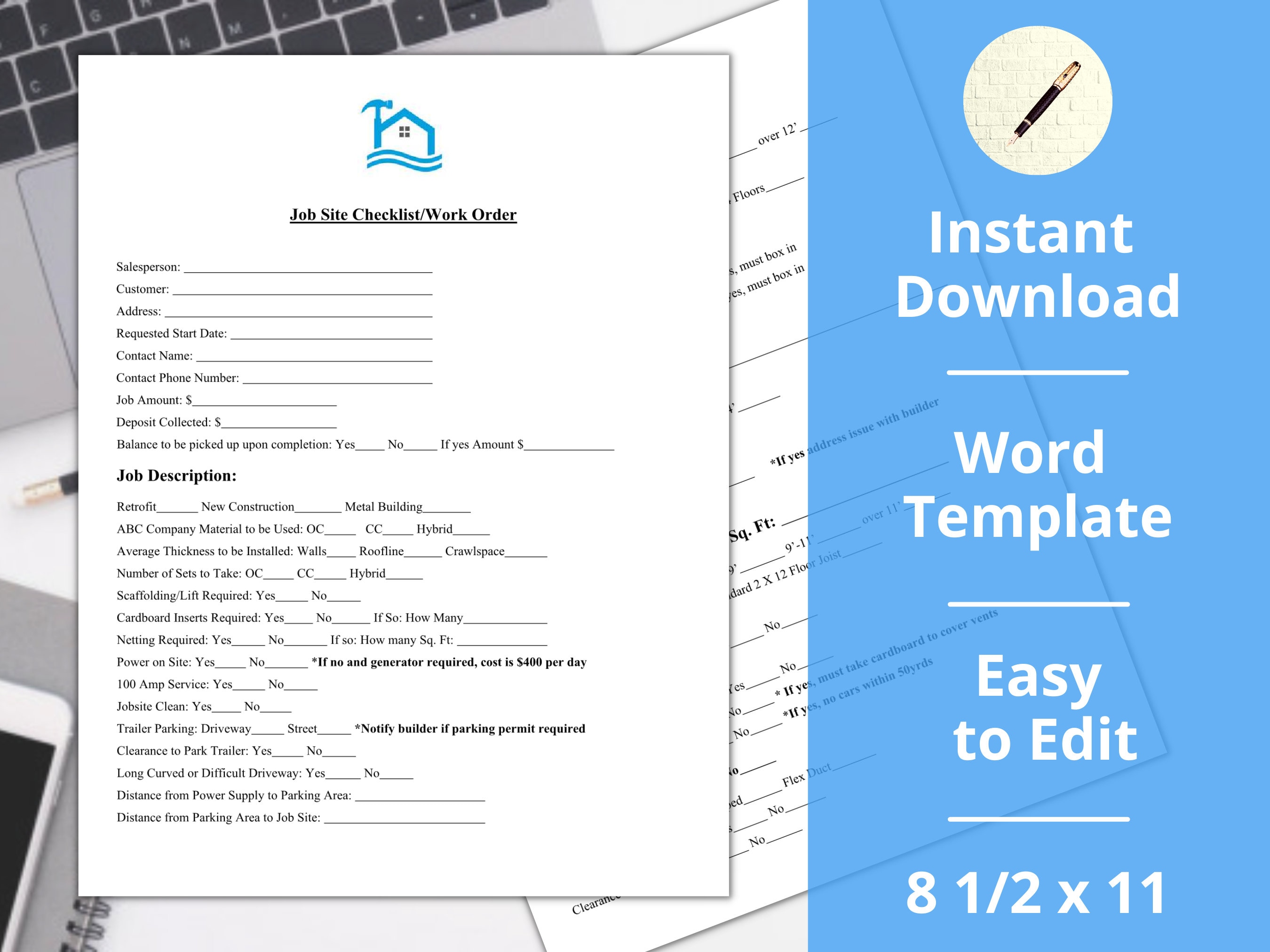 Roofing Checklist ︱ Construction Work Order ︱instant Download ︱ Word ...