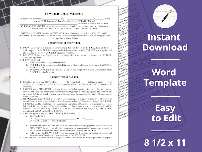 Dispatcher & Carrier Agreement︱ Instant Download ︱microsoft Word ...