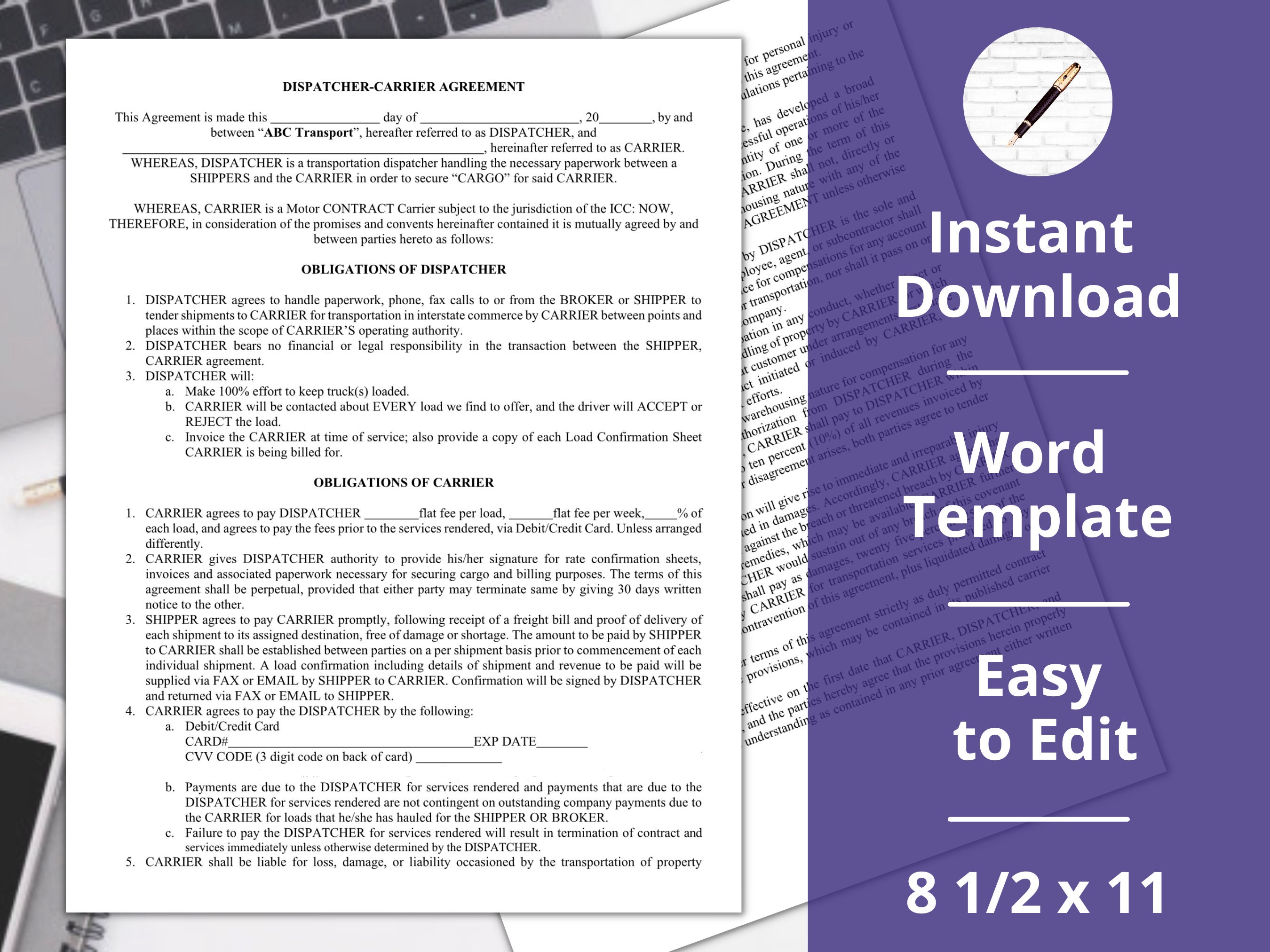 Dispatcher & Carrier Agreement︱ Instant Download ︱microsoft Word ...