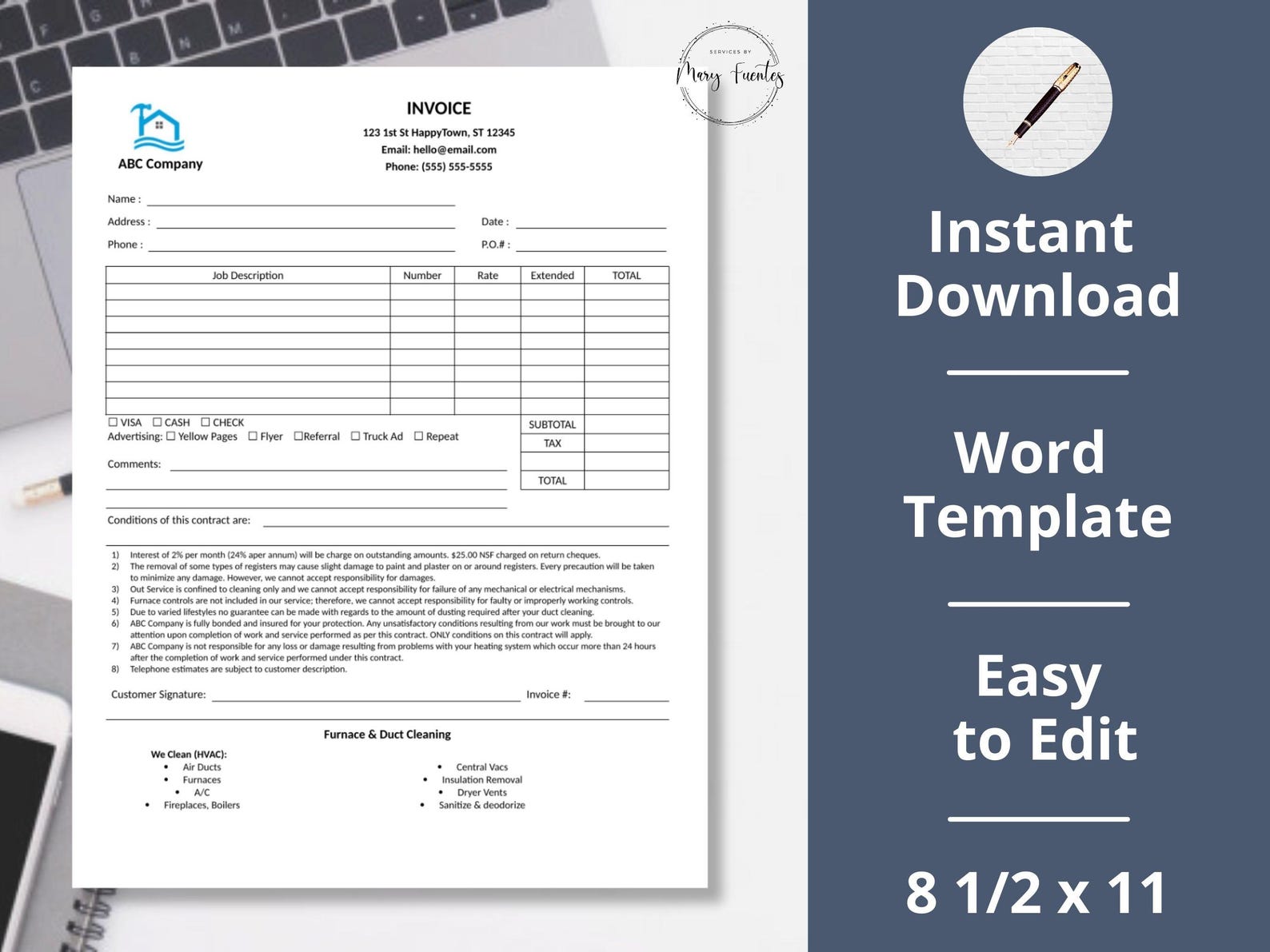 HVAC Work Invoice ︱ Estimate ︱receipt ︱ Instant Download Template︱ac ...