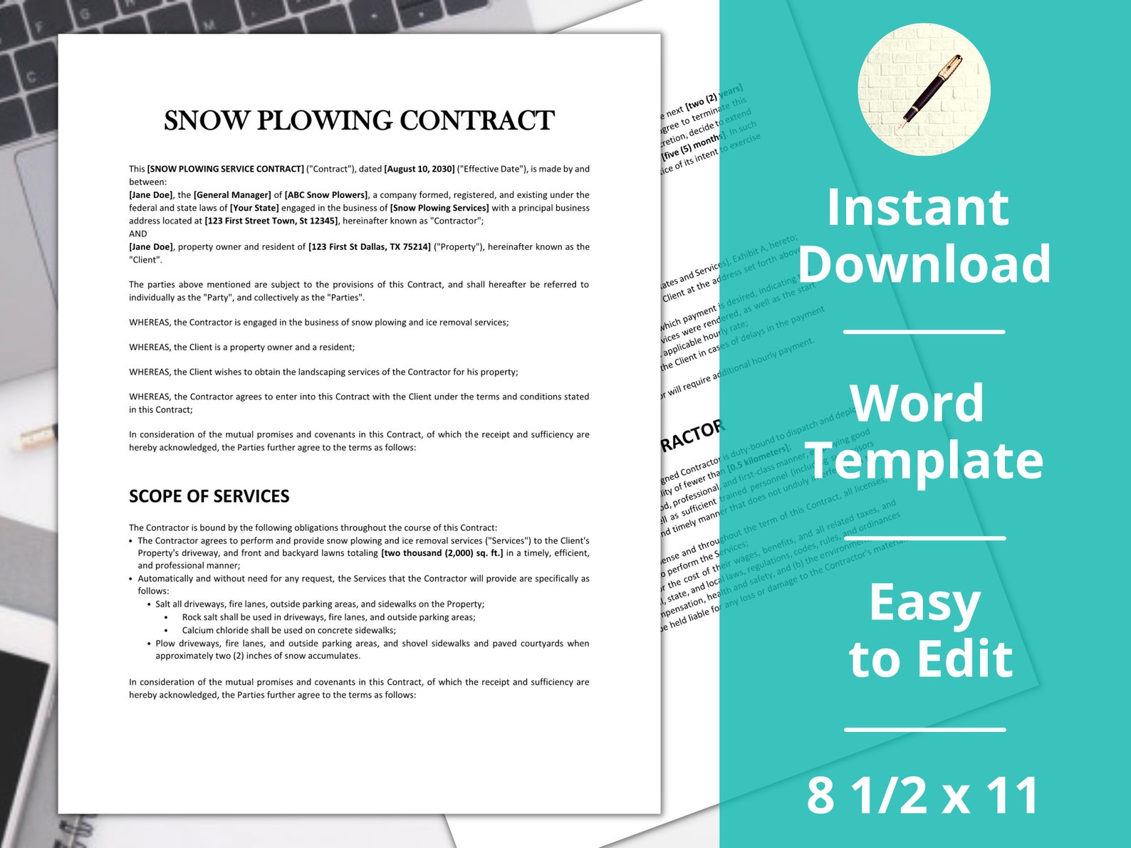 Snow Removal ︱ Snow Plowing Agreement ︱ Template ︱invoice ︱proposal ...