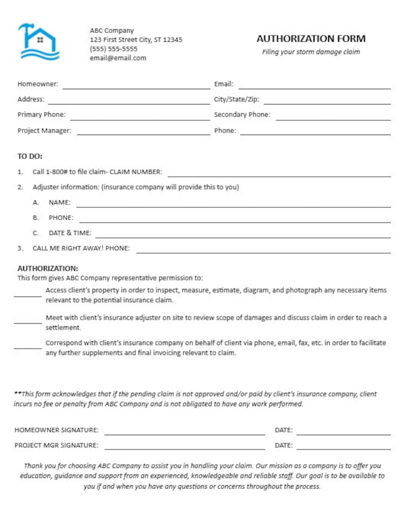 Roofing Authorization Form︱storm Damage Claim︱roof Template︱instant ...