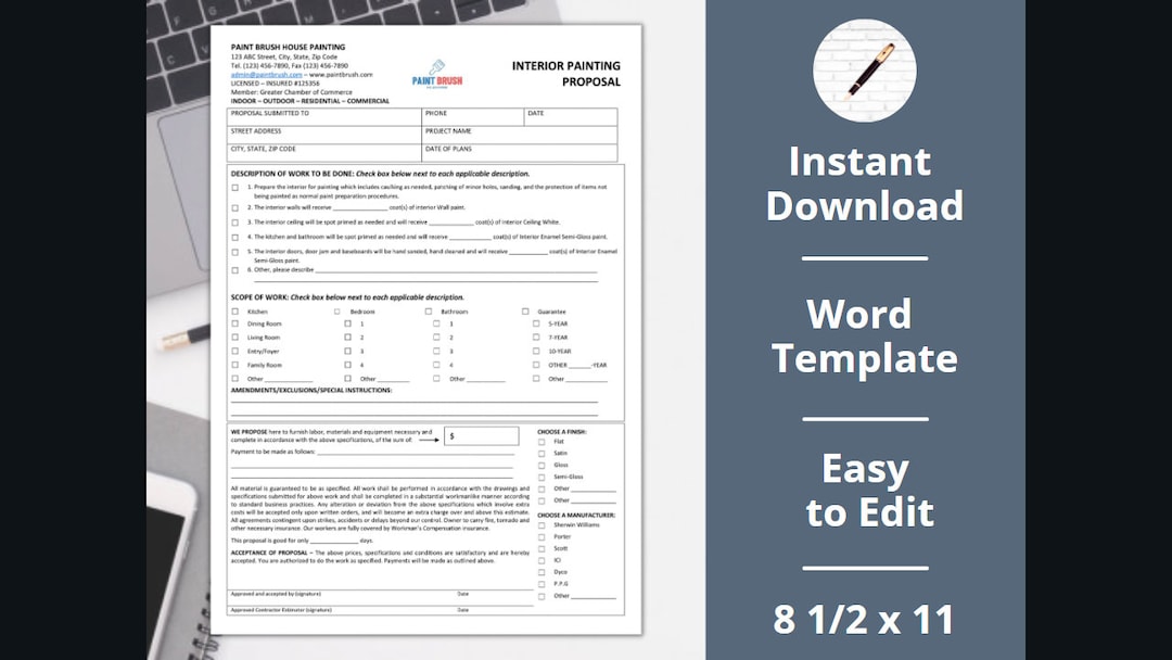 Interior Painting Proposal, Estimate, Word Format - Etsy