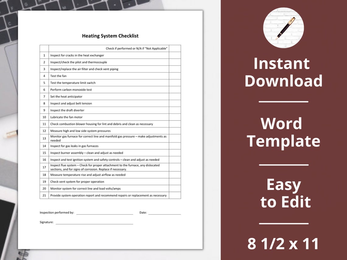Heating System Checklist ︱ Sheet ︱instant Download ︱ HVAC ︱ Heating ...