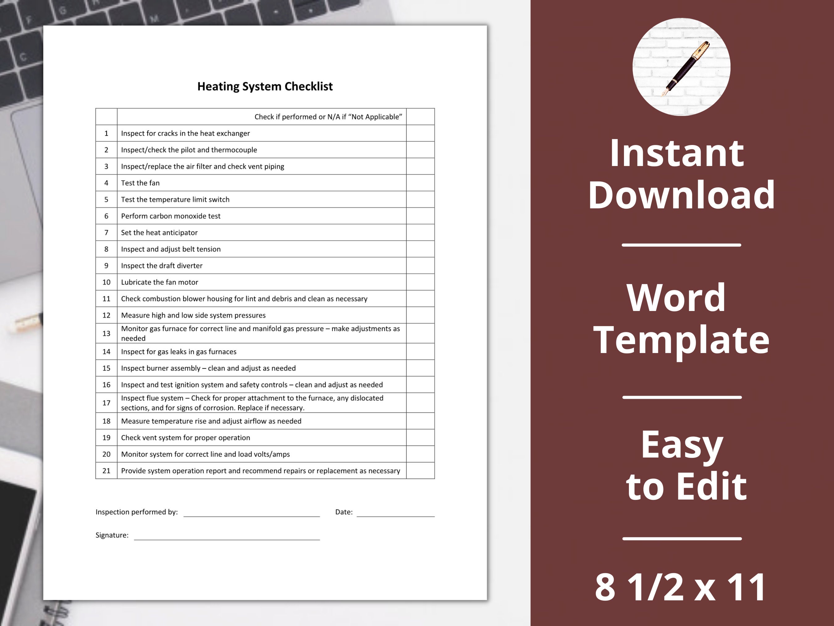 Heating System Checklist ︱ Sheet ︱instant Download ︱ HVAC ︱ Heating ...