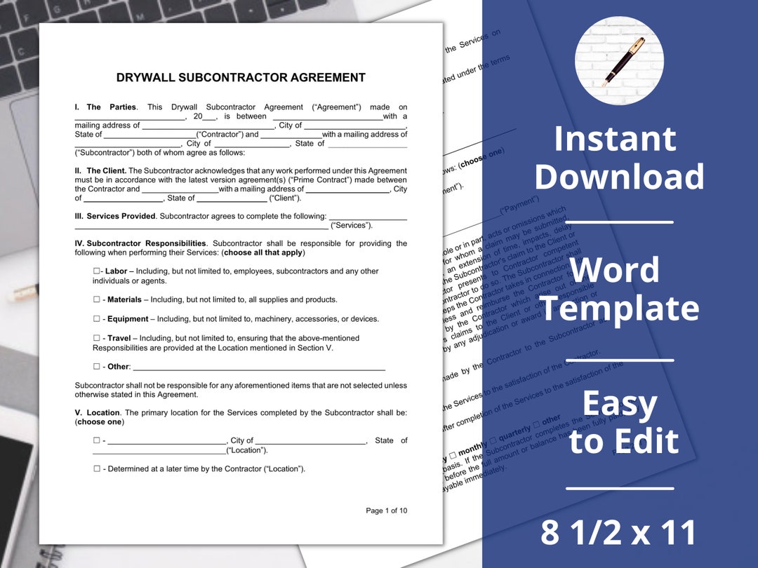 Drywall ︱subcontractor Agreement ︱contract ︱ Template ︱construction - Etsy