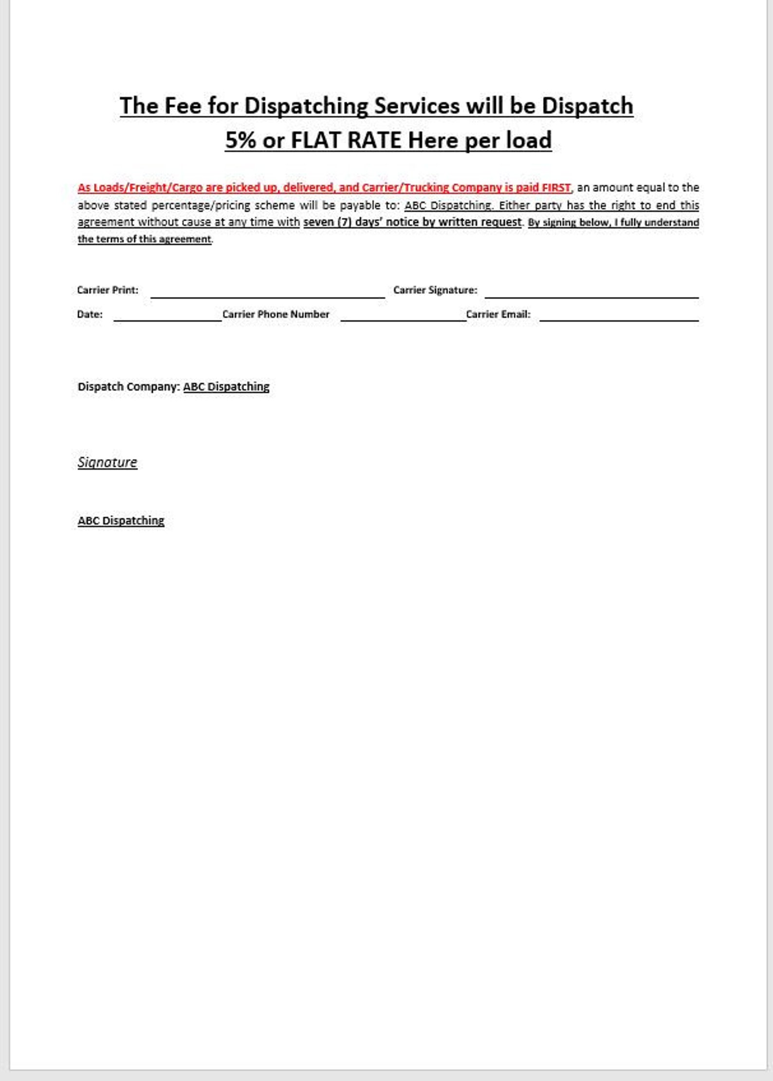 Dispatcher Service Agreement ︱contract ︱ Template ︱ Dispatch and ...