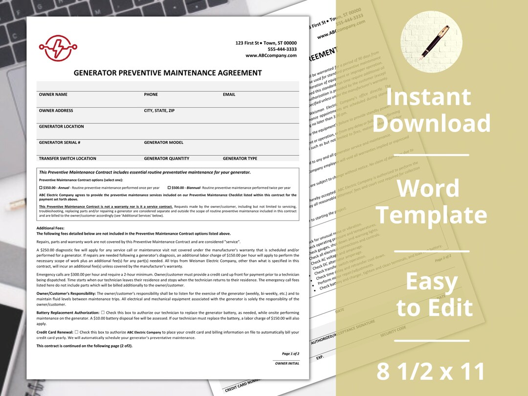 Generator Preventative Maintenance Agreement ︱ Easy to Edit ︱ Instant ...
