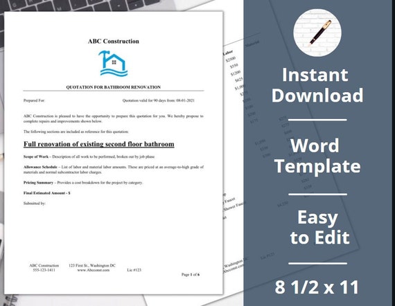 Bathroom Renovation Estimate Template remodel contract - Etsy