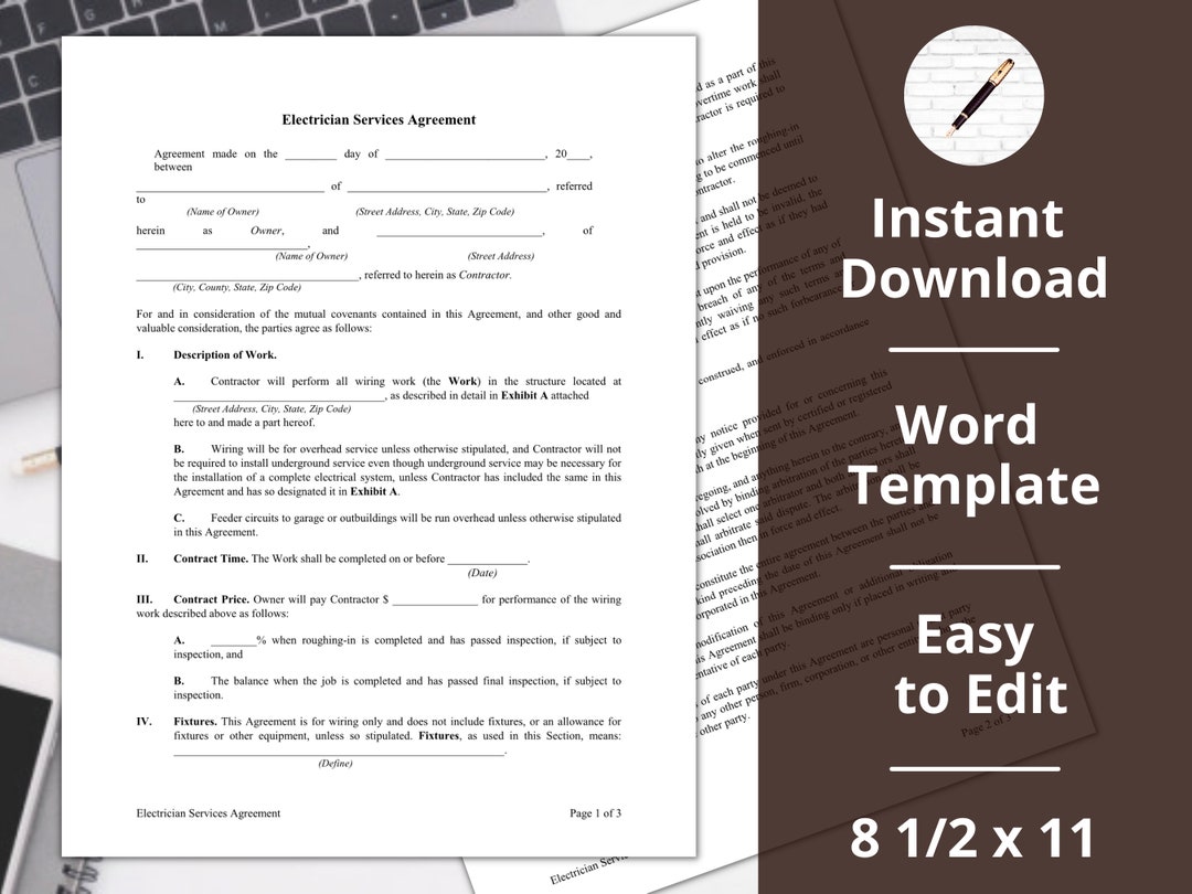Electrician Services Agreement ︱electrical Contract ︱estimate Template ...