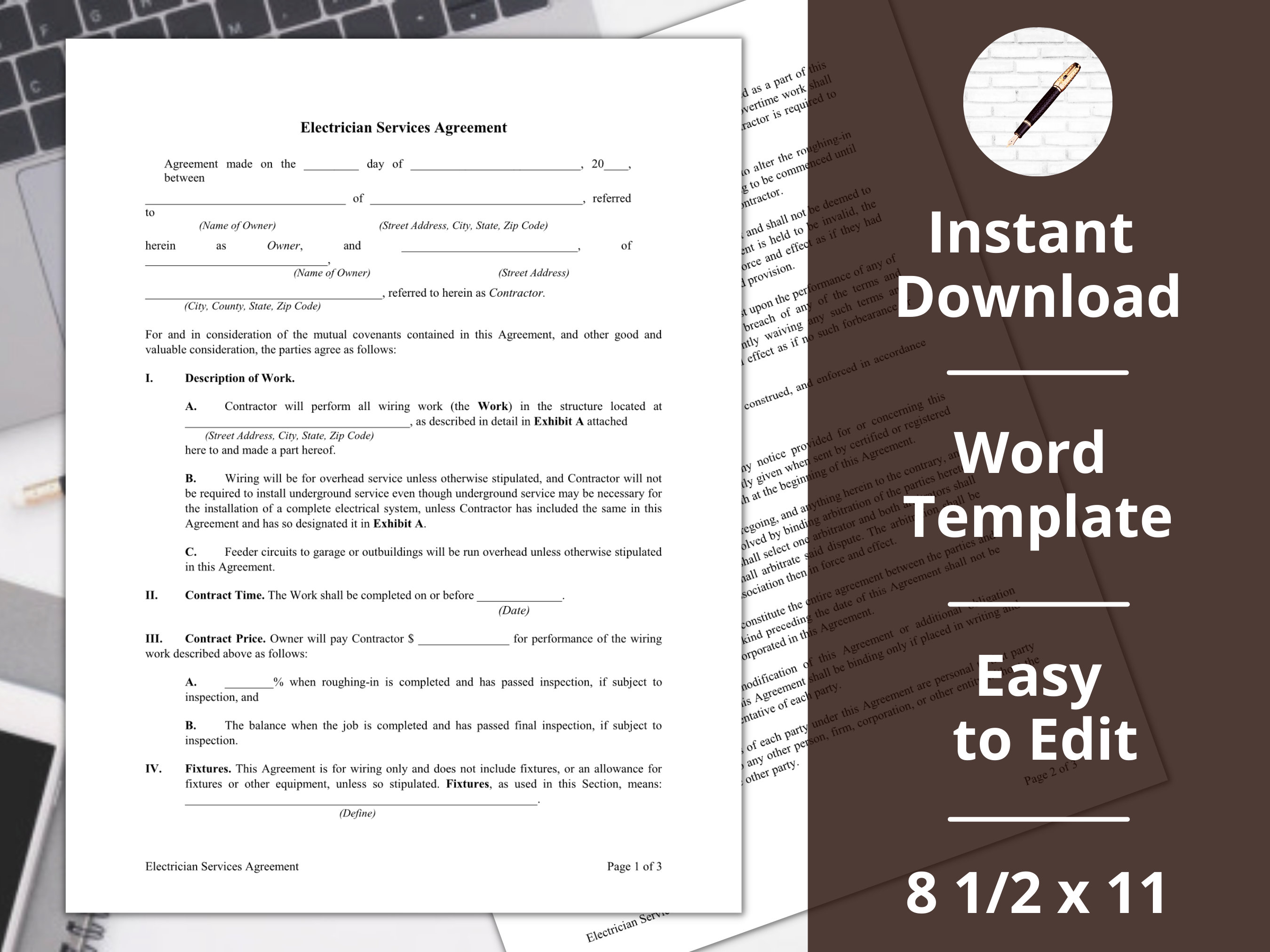 Electrician Services Agreement ︱electrical Contract ︱estimate Template ...