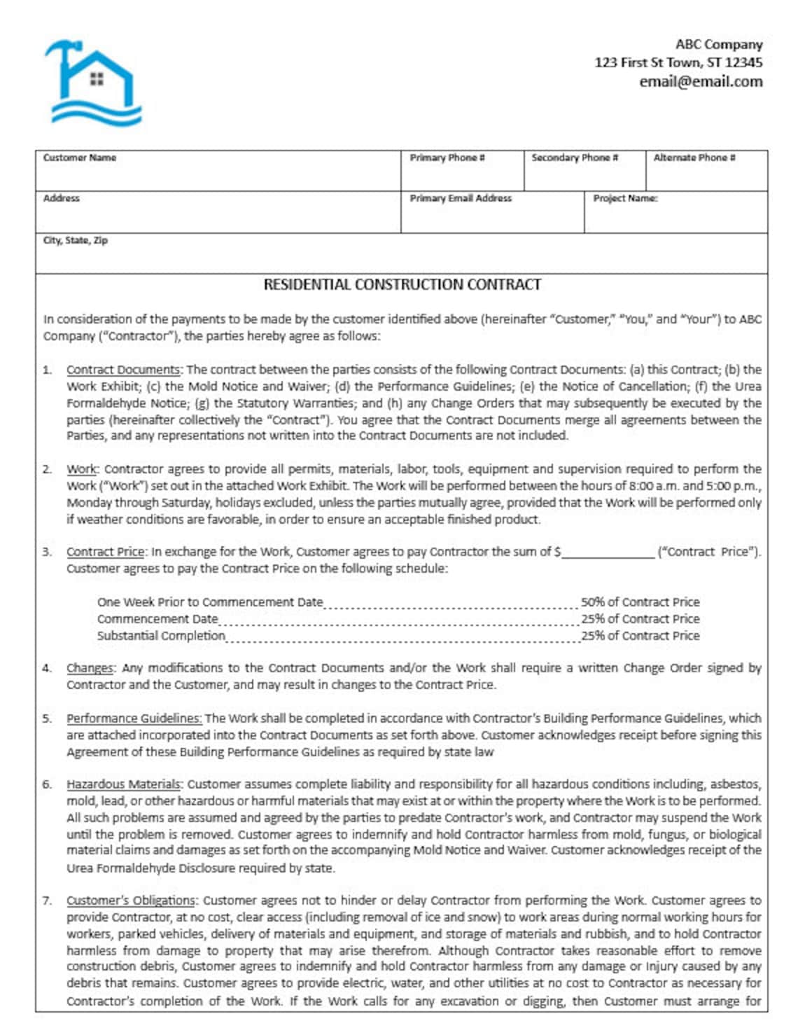 Residential Construction︱ Contract ︱ Template︱ Word Format ︱estimate ...