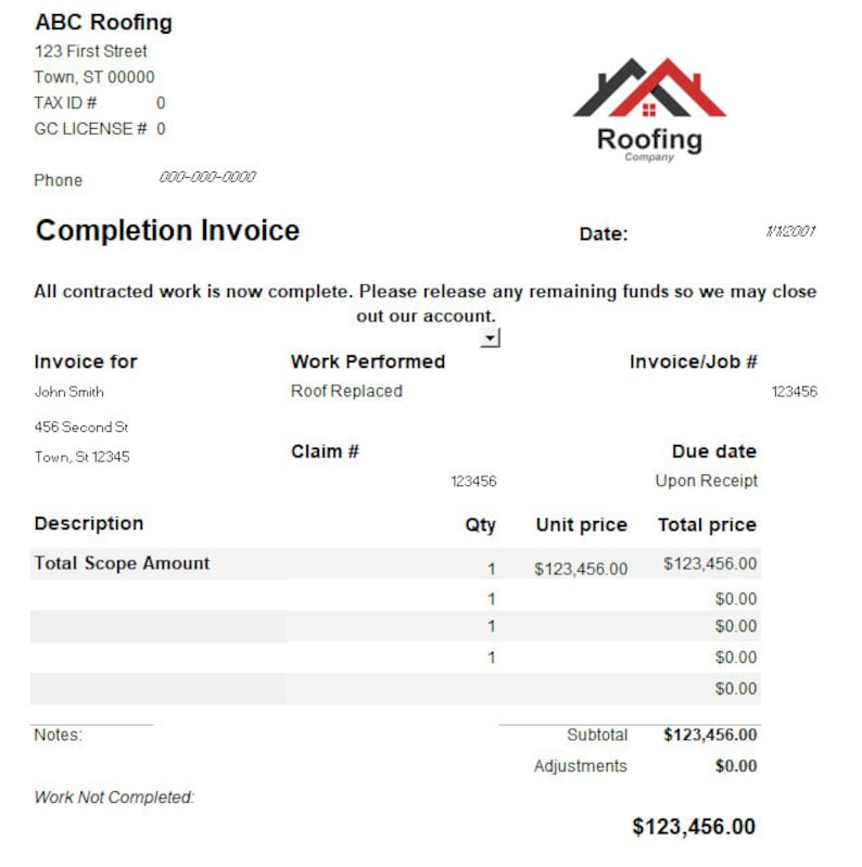 Roofing Invoice︱completion Invoice︱roof Replacement︱scope︱instant ...