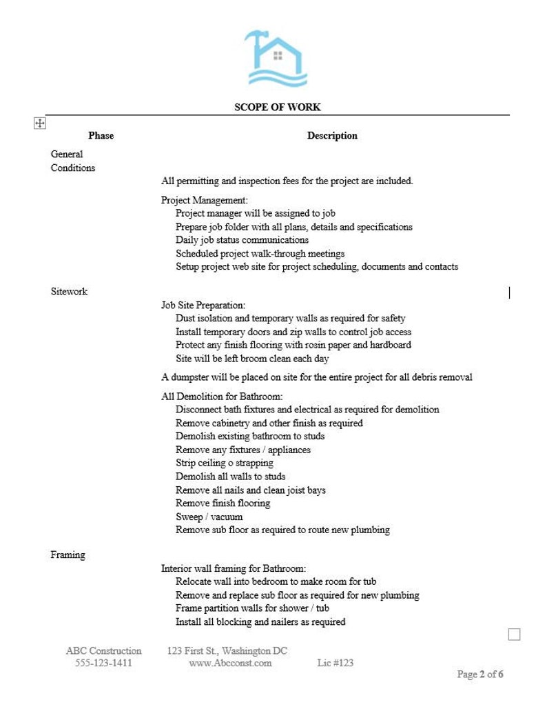 Bathroom Renovation Estimate Template Remodel Contract Etsy