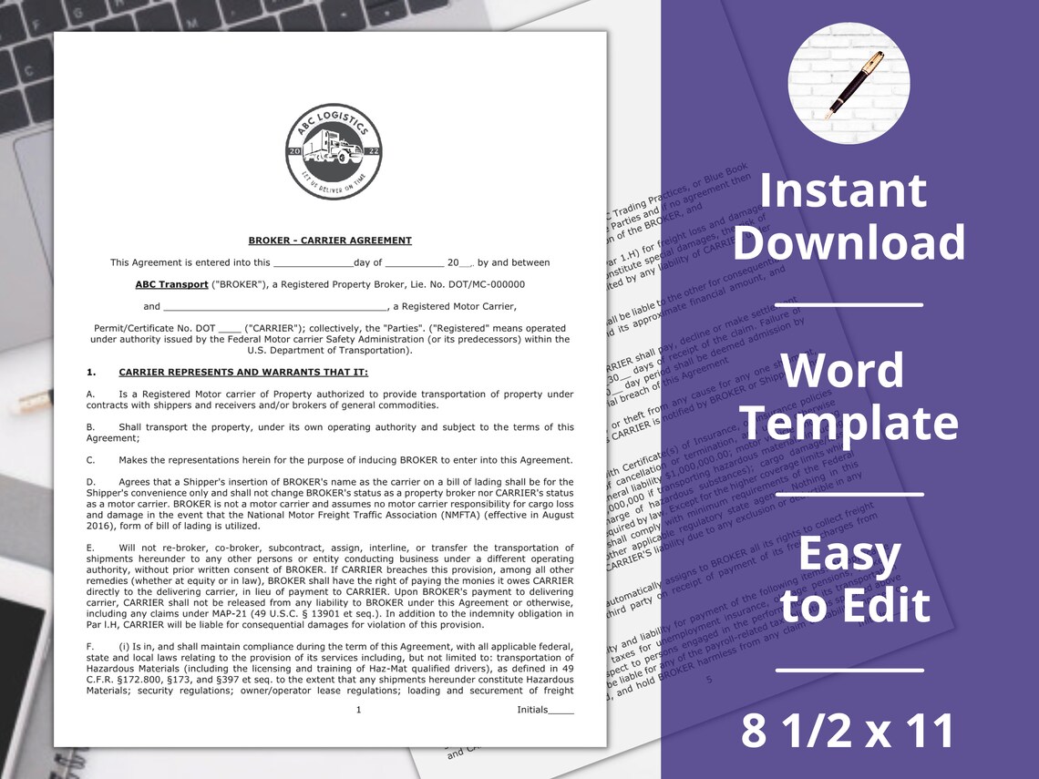 Broker-carrier Agreement ︱contract ︱instant Download ︱template ...