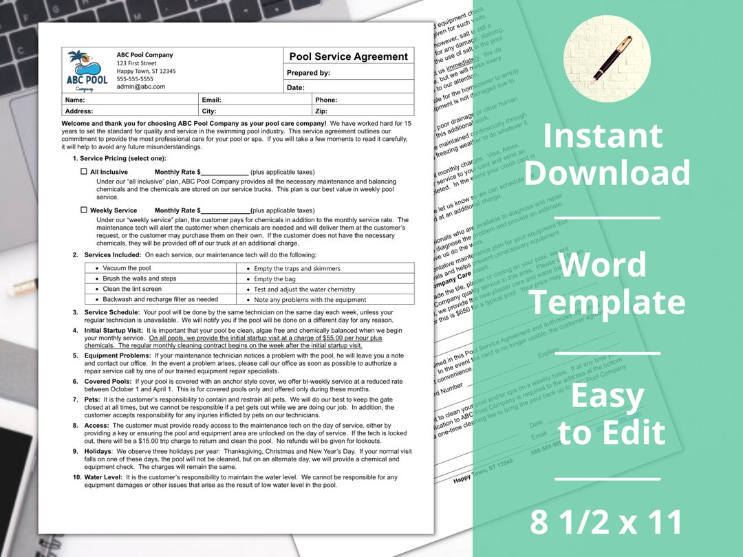 Pool Service Contract ︱ Service Agreement︱ Instant Download ︱ Easy to ...