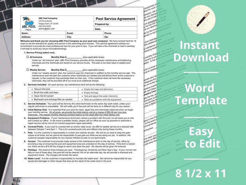 Pool Service Contract ︱ Service Agreement︱ Instant Download ︱ Easy to ...