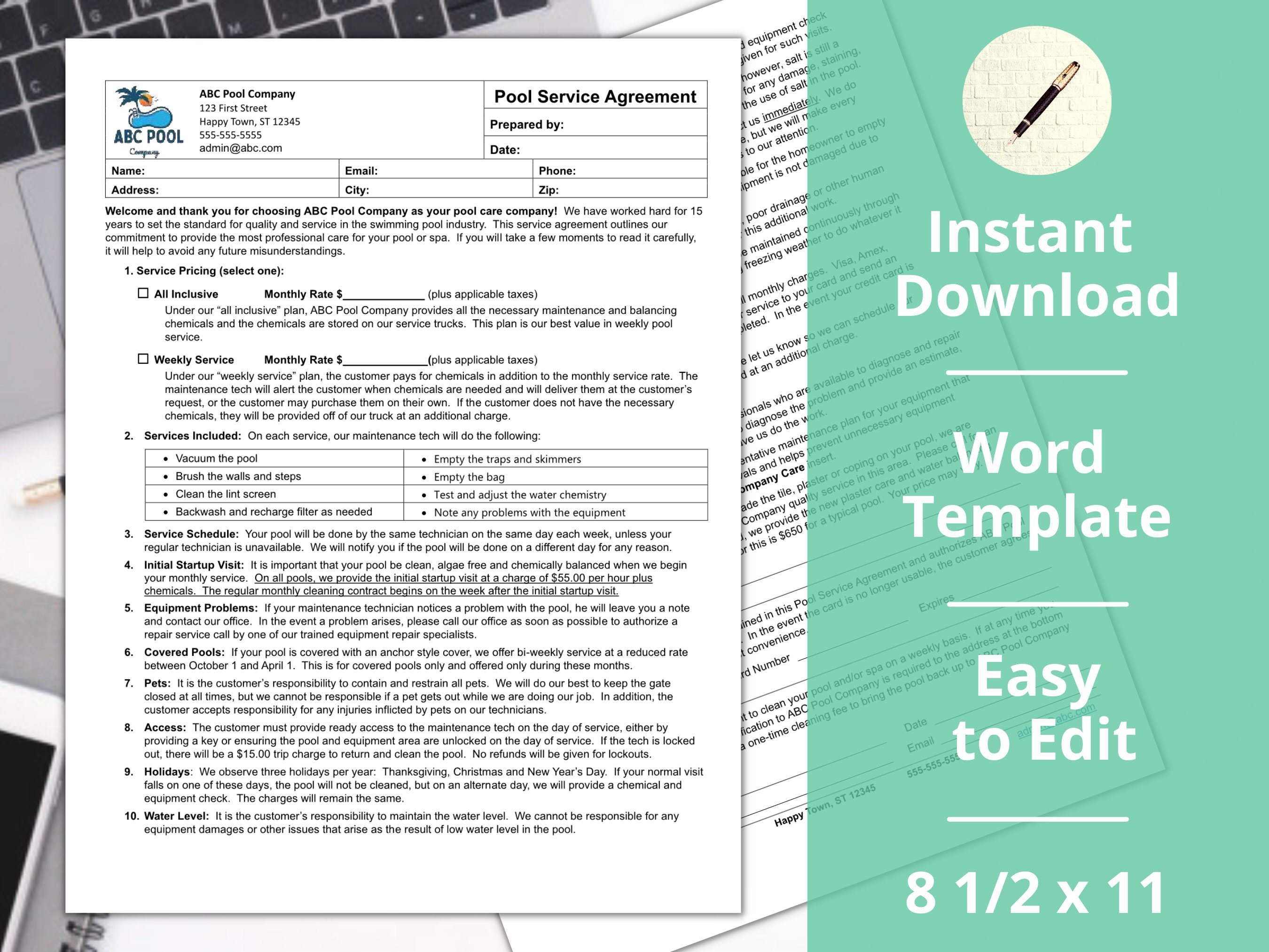 Pool Service Contract Service Agreement Instant Download Easy to Edit ...