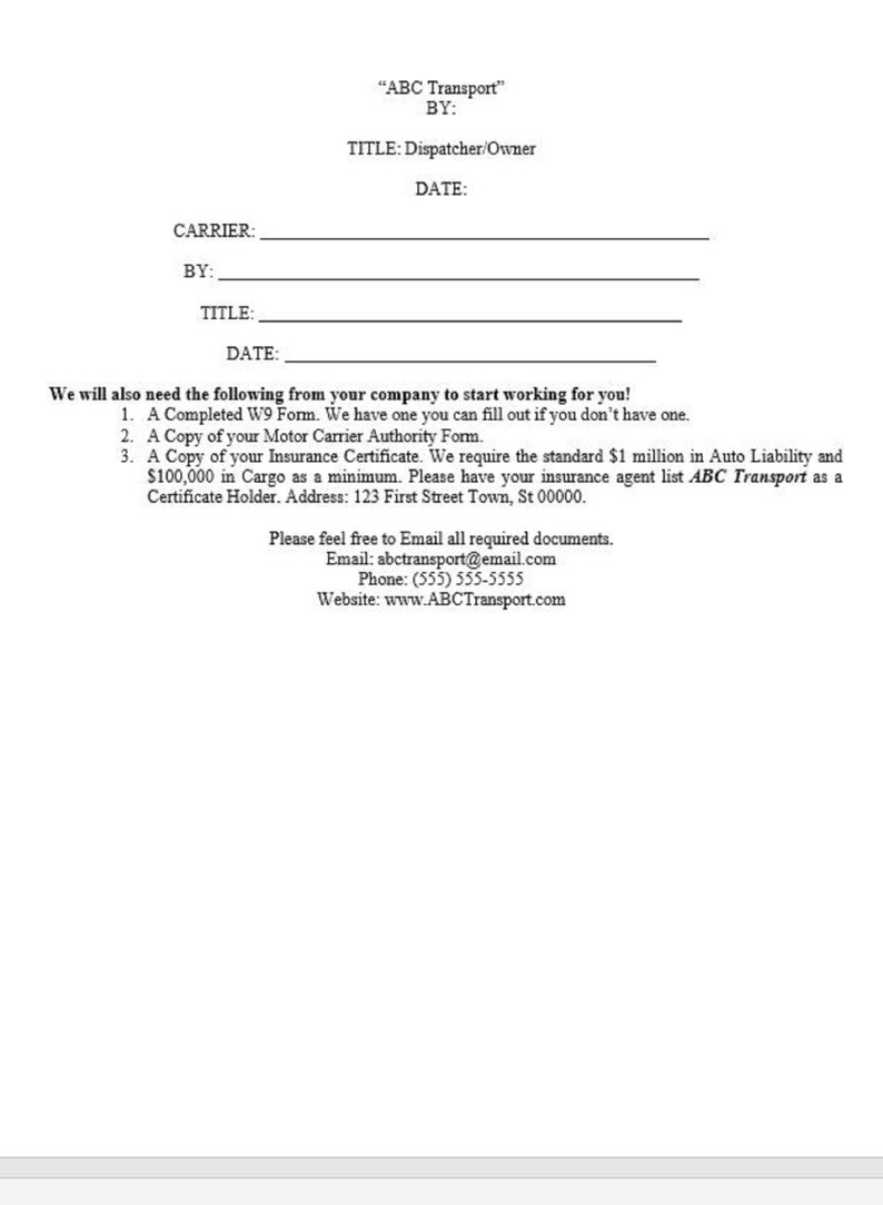 Dispatcher & Carrier Agreement︱ Instant Download ︱microsoft Word ...