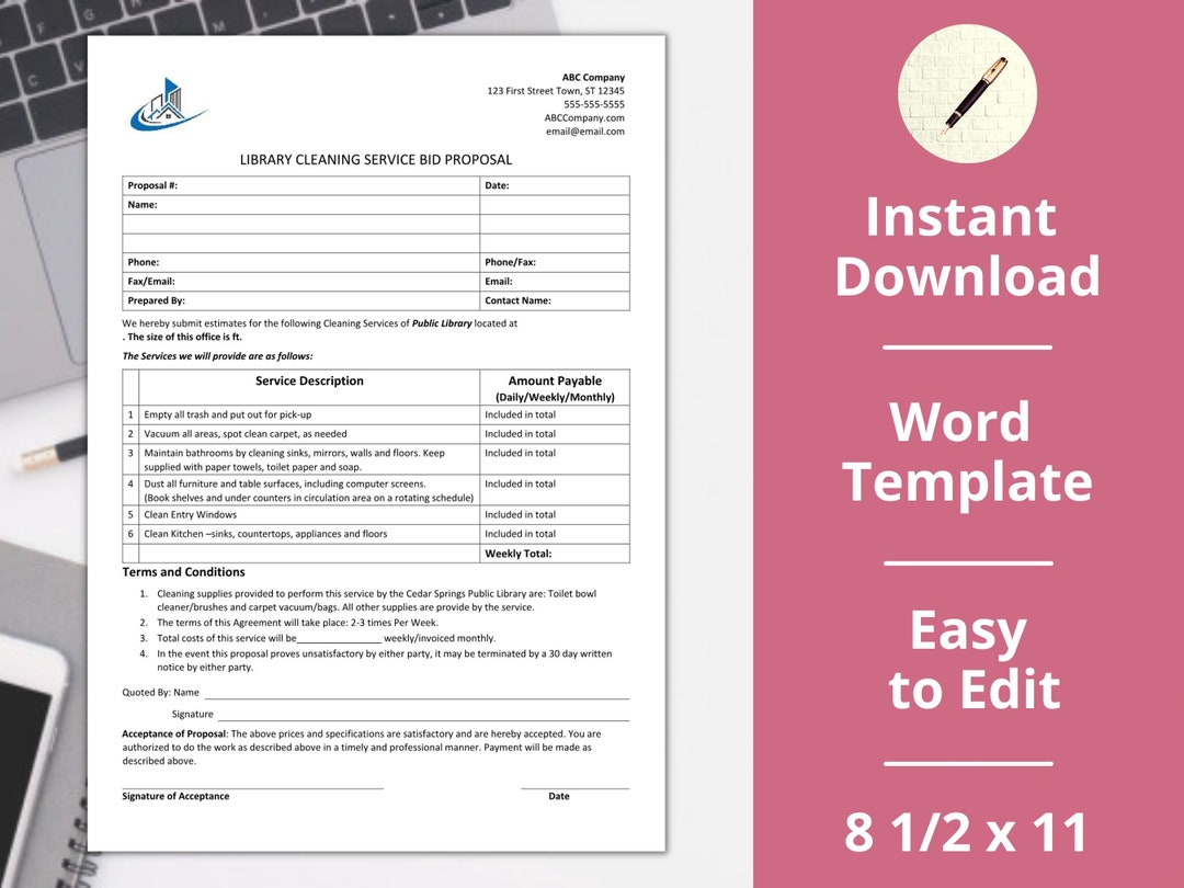 Library Cleaning Bid Proposal ︱ Template ︱ Instant Download ︱ Microsoft ...
